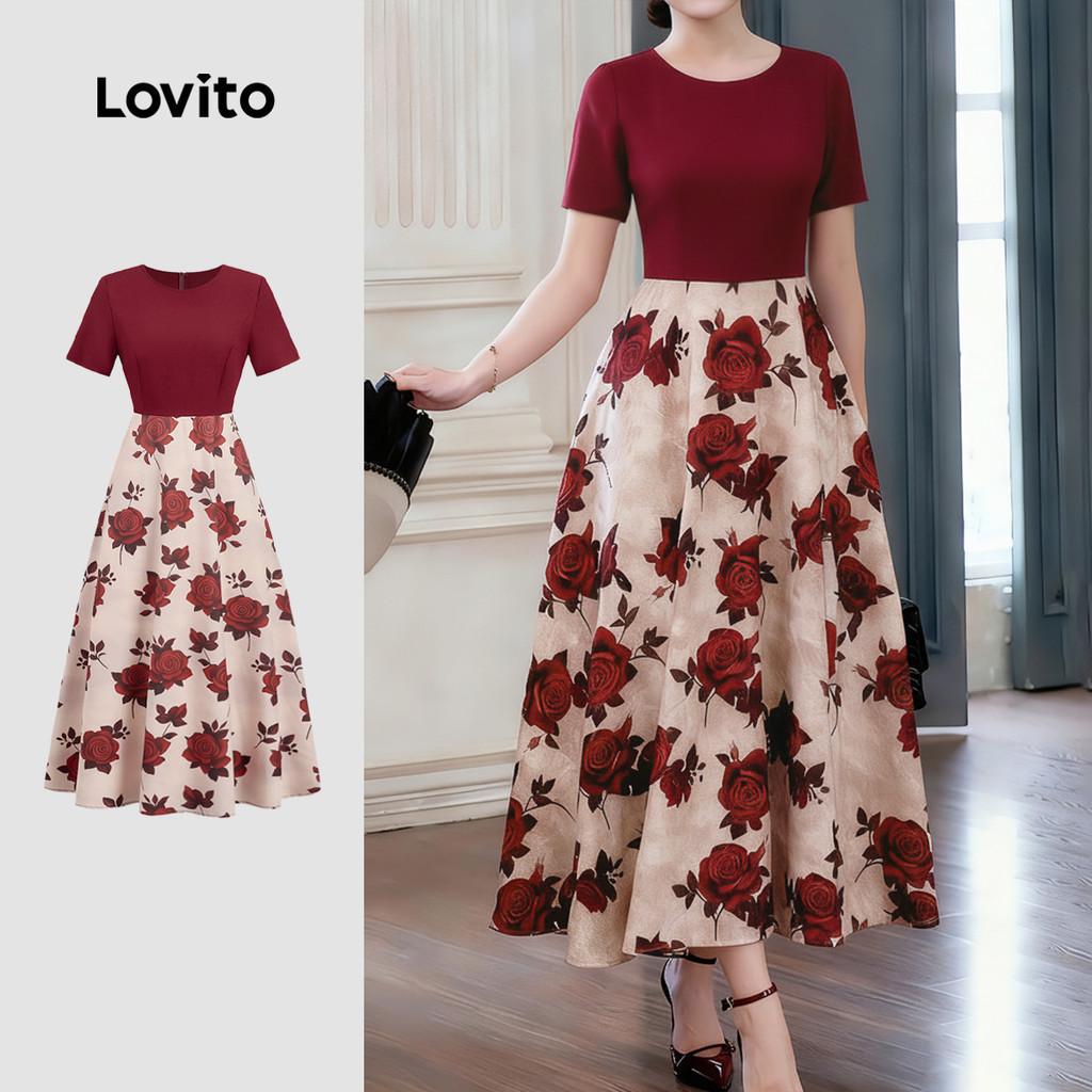 Lovito Elegant Dress Colorblock Spring/summer Red Dress for Women ...