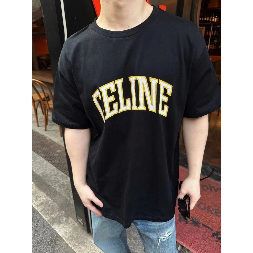 Celine New Style Letter Crack Patch Printed Round Neck Pure Cotton ...