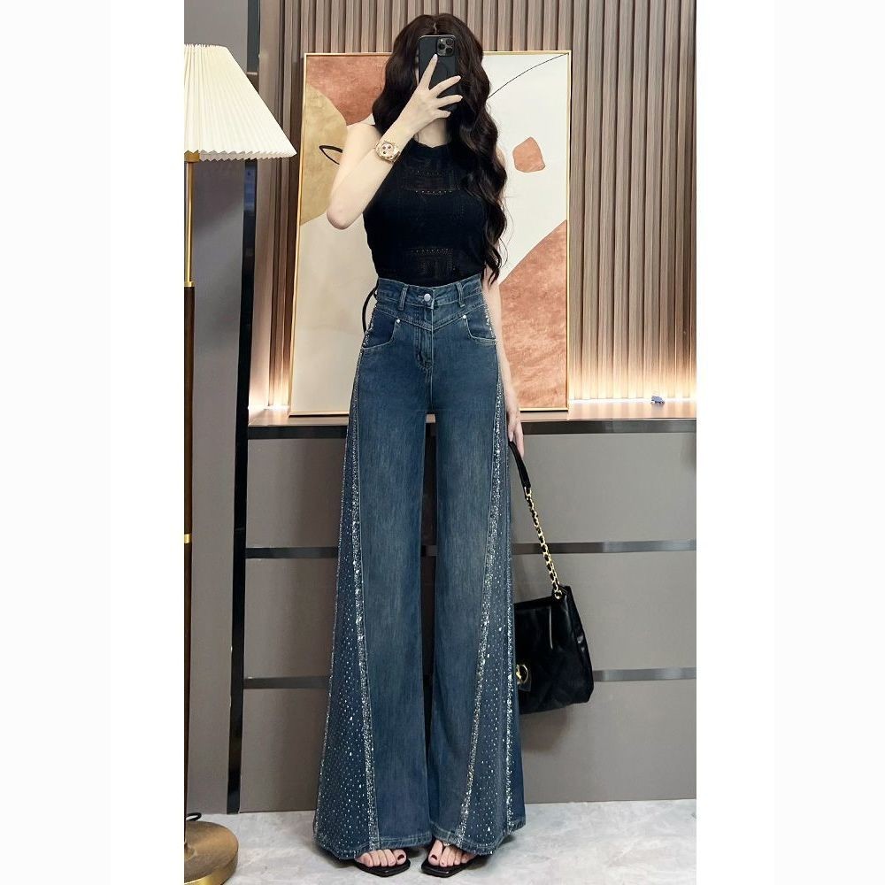 Rhinestone Wide-Leg Flared Jeans - Spring/Autumn 2026 - Loose Washed ...