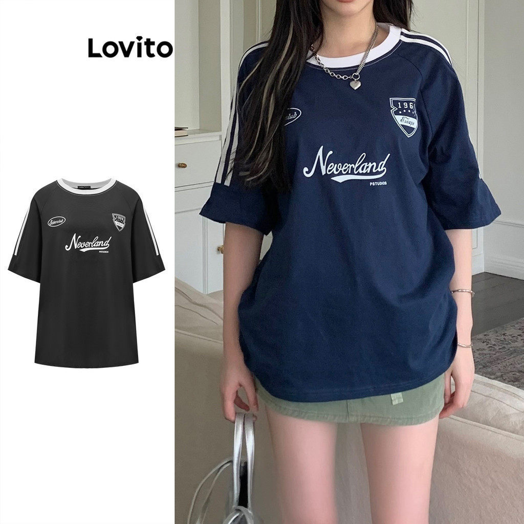 Lovito Casual T-Shirt Letter Contrast Binding Summer T-Shirt for Women ...