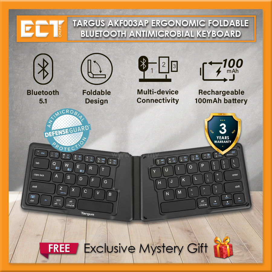 Targus AKF003AP Ergonomic Foldable Bluetooth Antimicrobial Keyboard ...