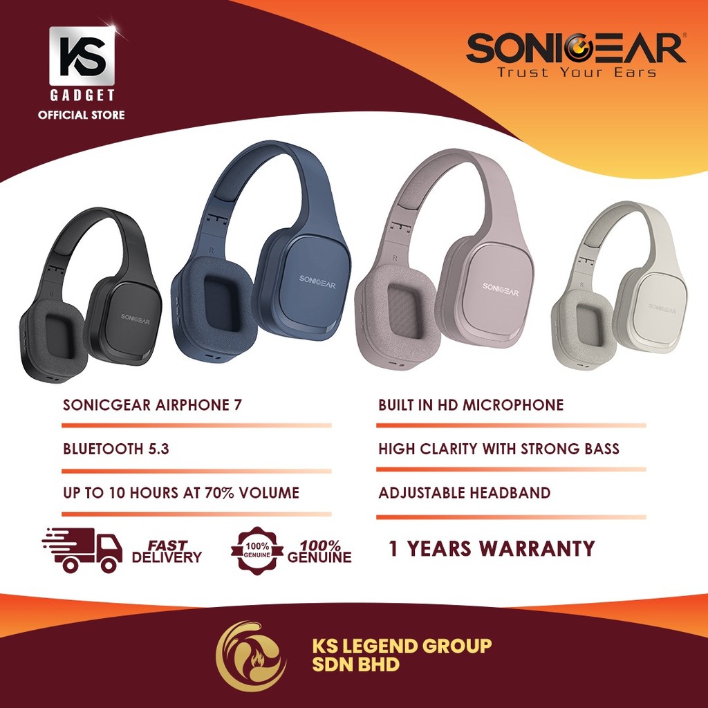 SonicGear Airphone 7 Bluetooth Headphones With Mic, 10 Hours Playtime ...
