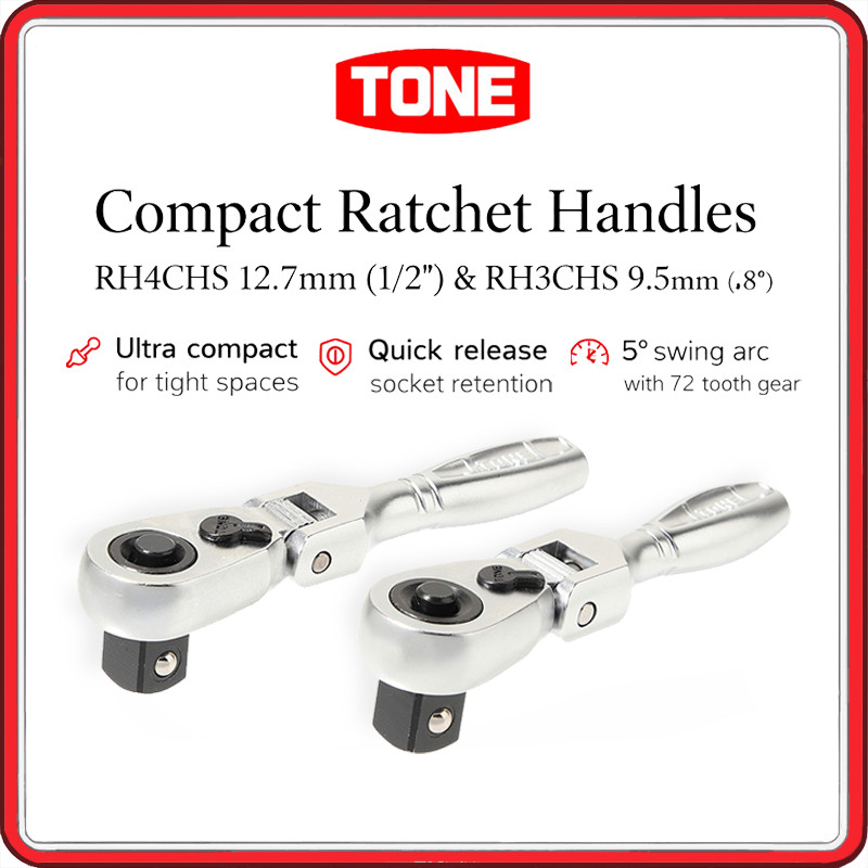 TONE Compact Short Ratchet Handle – 1/2″ & 3/8″ Drive (RH4CHS / RH3CHS ...