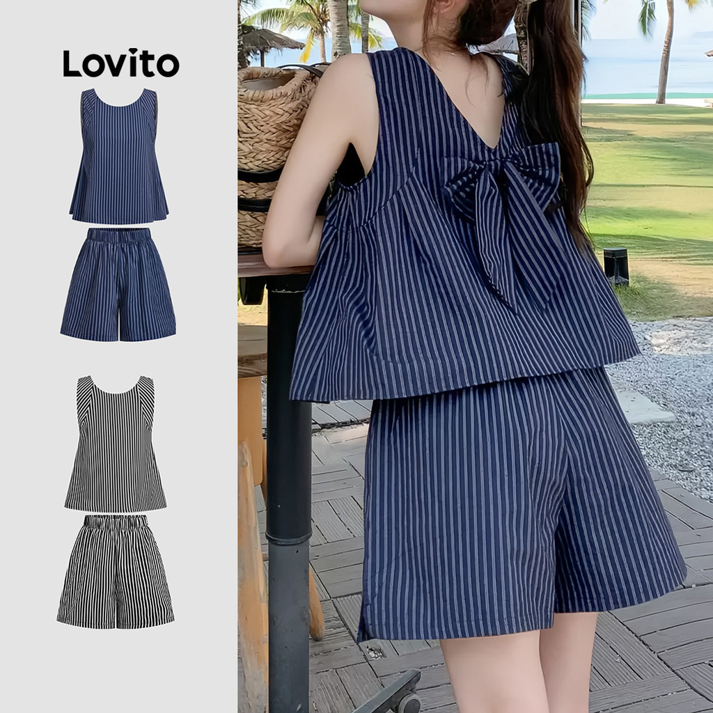 Lovito Casual Shorts Sets Geometric Spring/summer Navy Blue Shorts Sets ...
