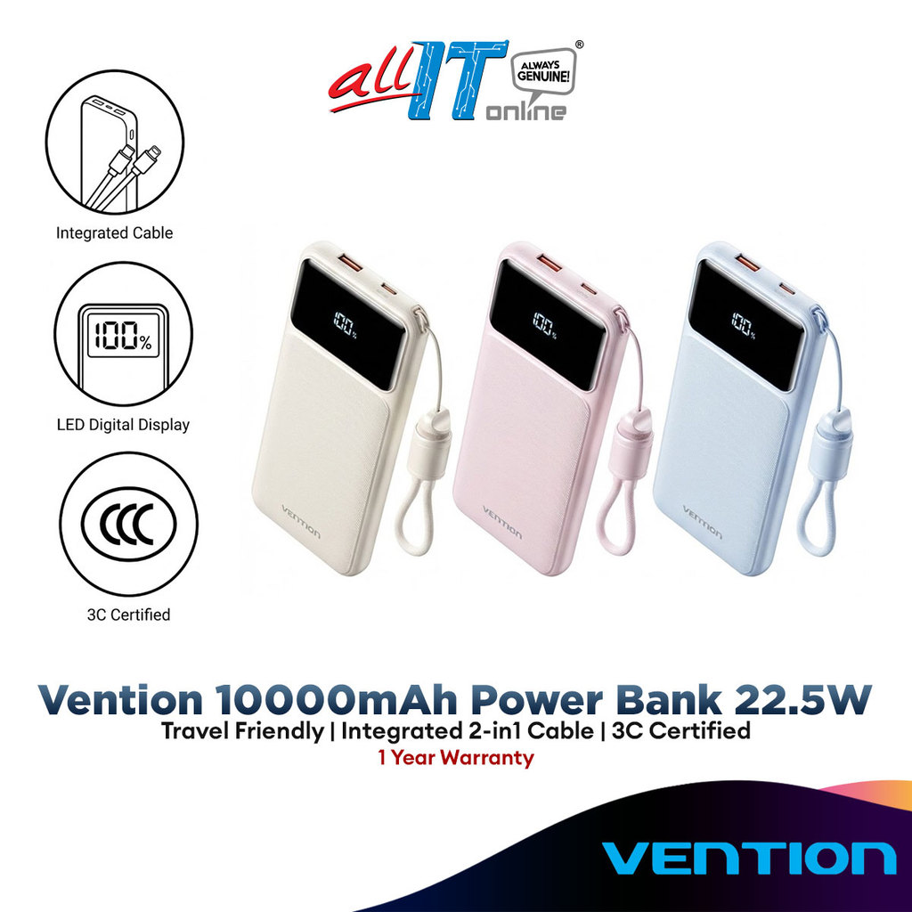 Vention 10000mAh Power Bank (USB-C + USB-A) with Built-in Cable 22.5W ...