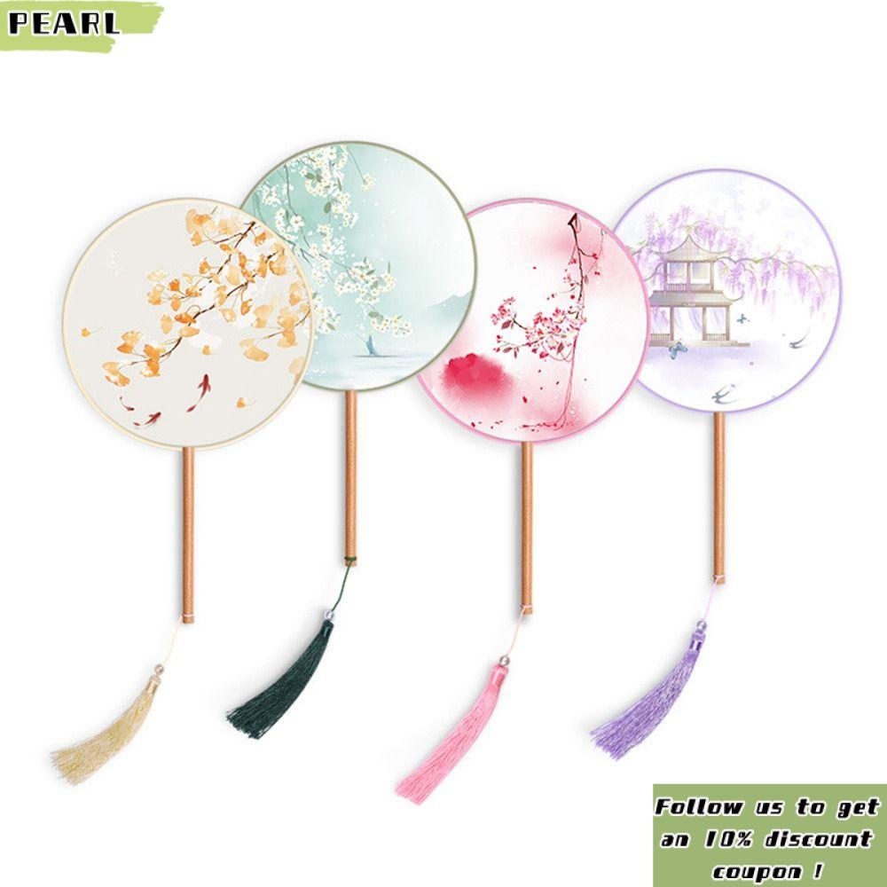 PEARL Ancient Style Fan, Half Transparent Long Handle Round Hand Fan ...