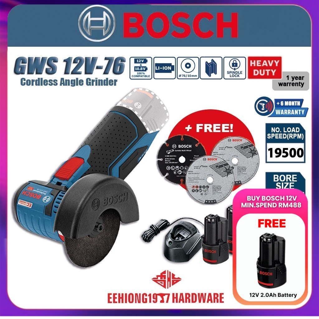 BOSCH GWS 12V-76 Brushless Cordless Angle Grinder Mesin Grinder Bateri ...