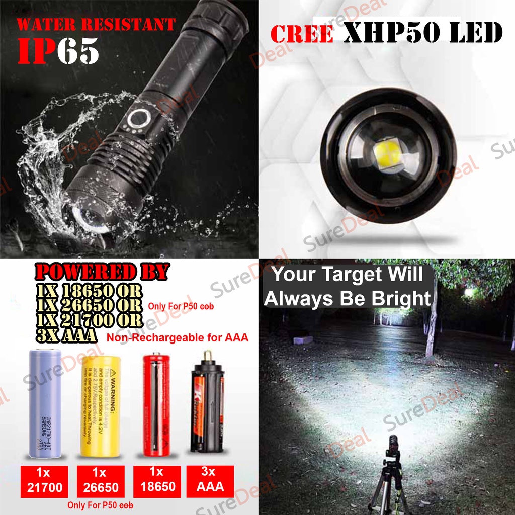 SUREDEAL P50 Rechargeable Flashlight XHP50 Cree LED Super Bright Zoom ...