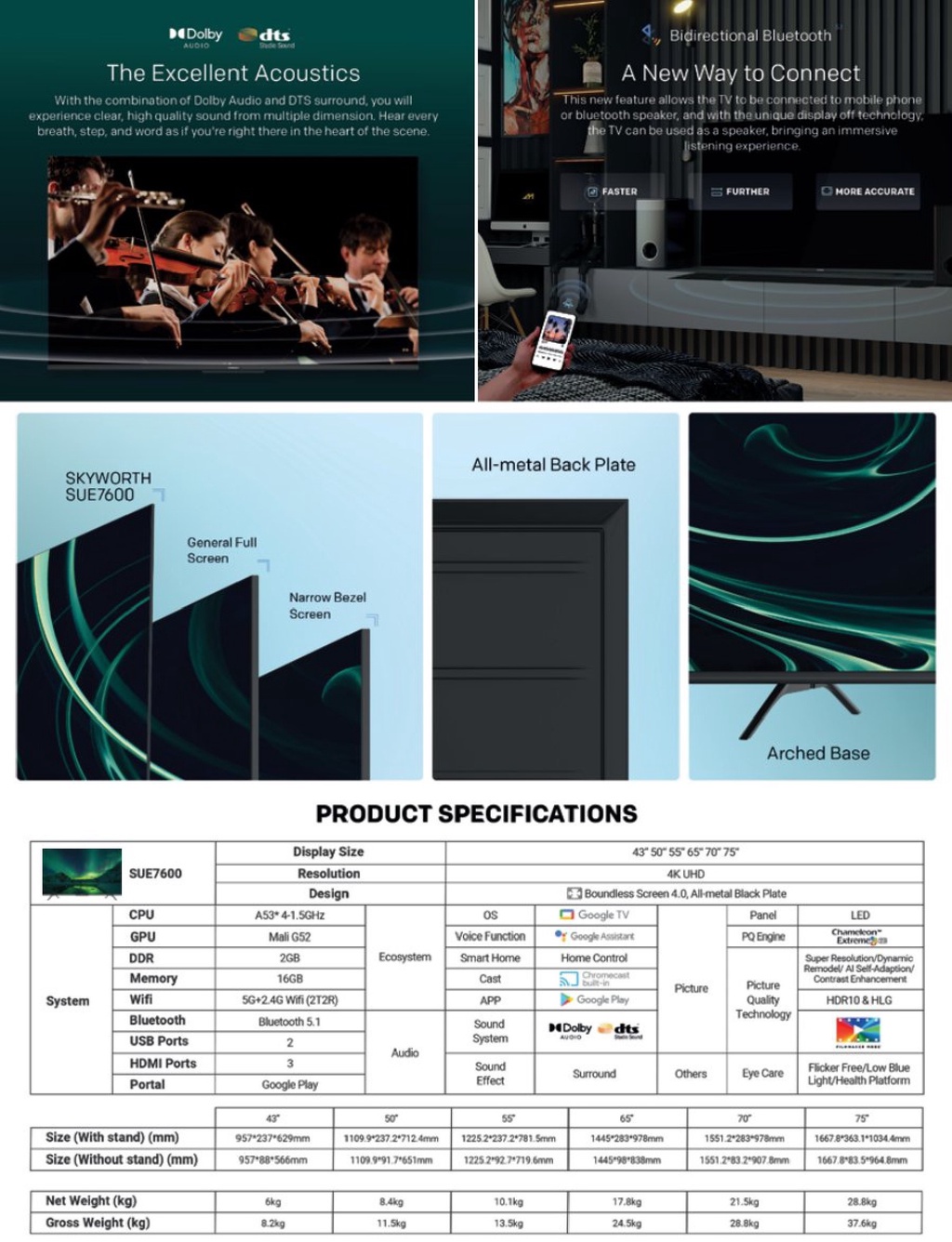 SKYWORTH SUE7600 Android Smart TV with 4K Resolution, Android 10, Ultra ...
