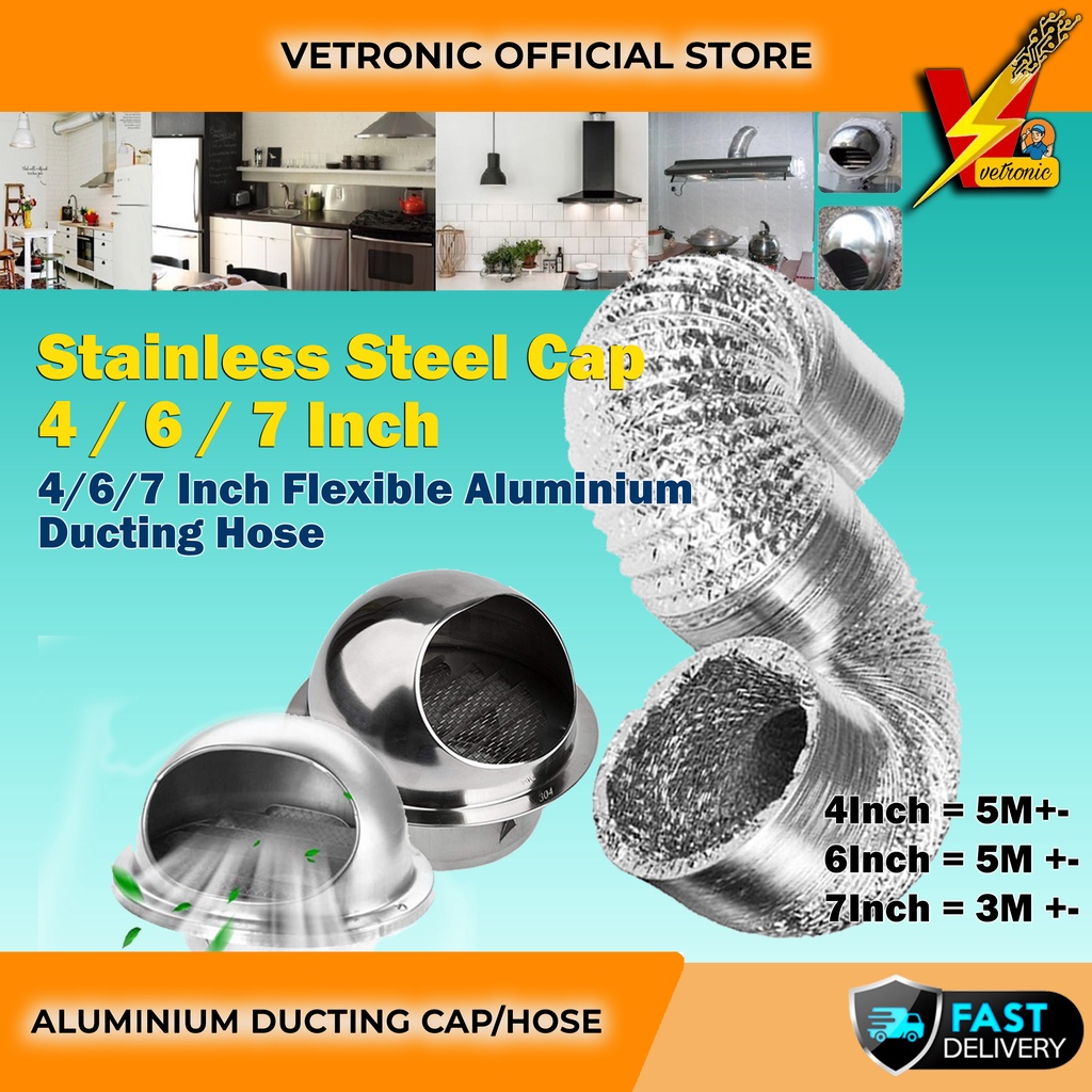 4" 6" 7" SUS304 Stainless Steel Hood Ducting Cap Ducting Hose Cooker ...