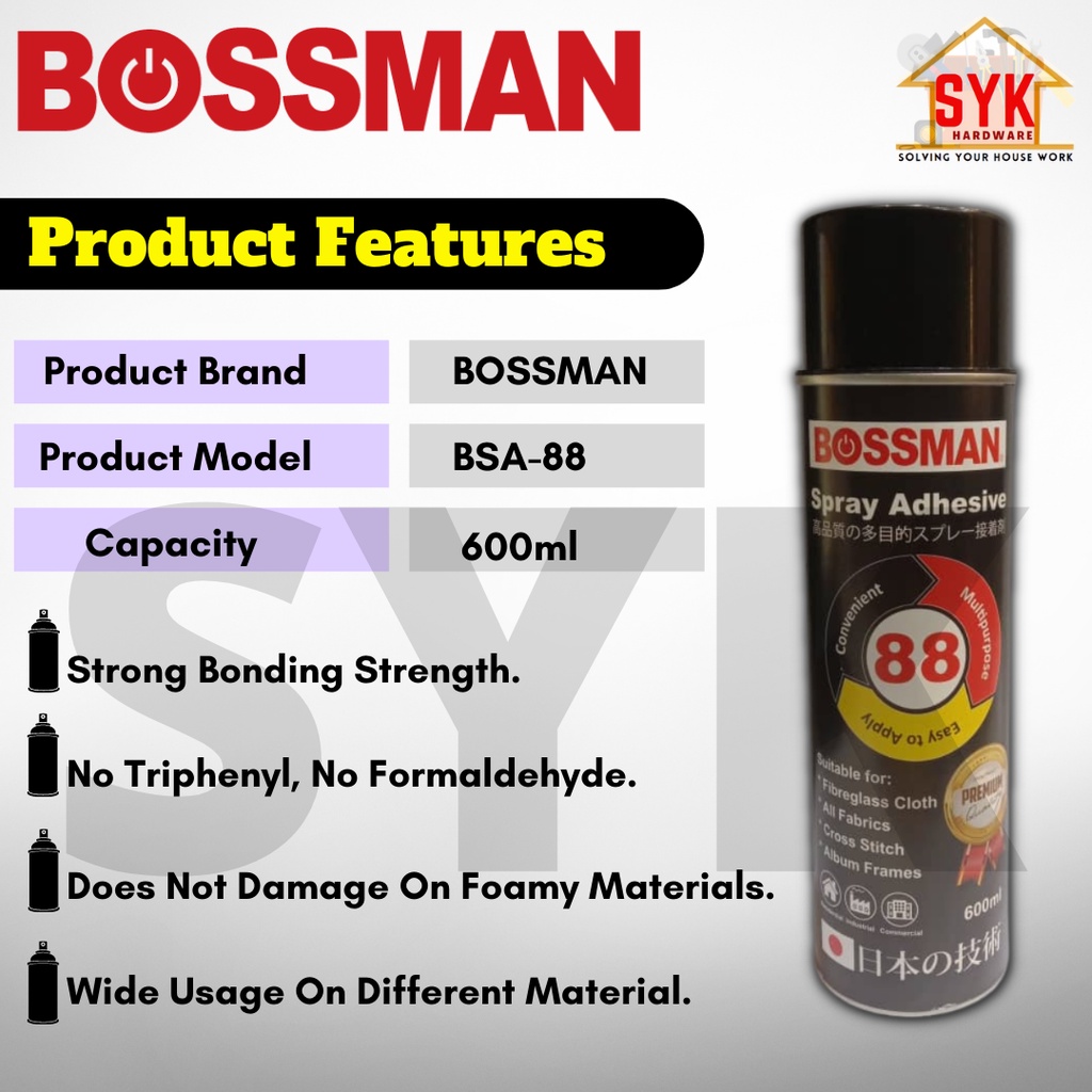 SYK Bossman BSA-88 Industrial Multipurpose Spray Adhesive Glass Fabric ...