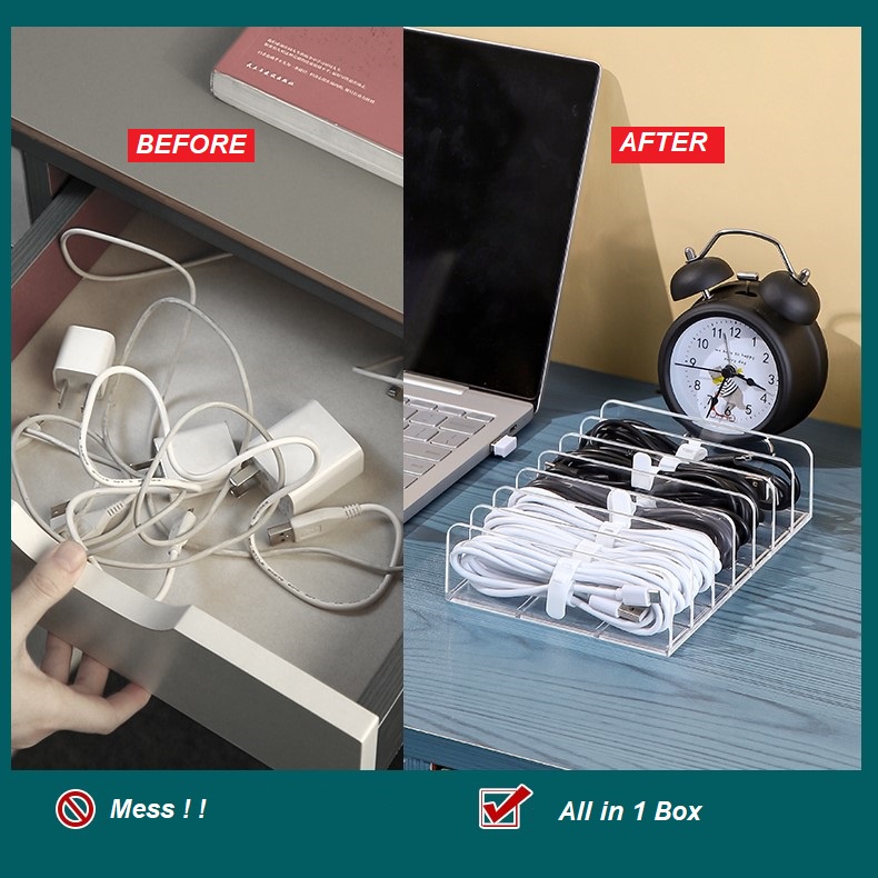 Cable Wire Storage Box Desk Stationary Organizer Transparent Multi Slot ...