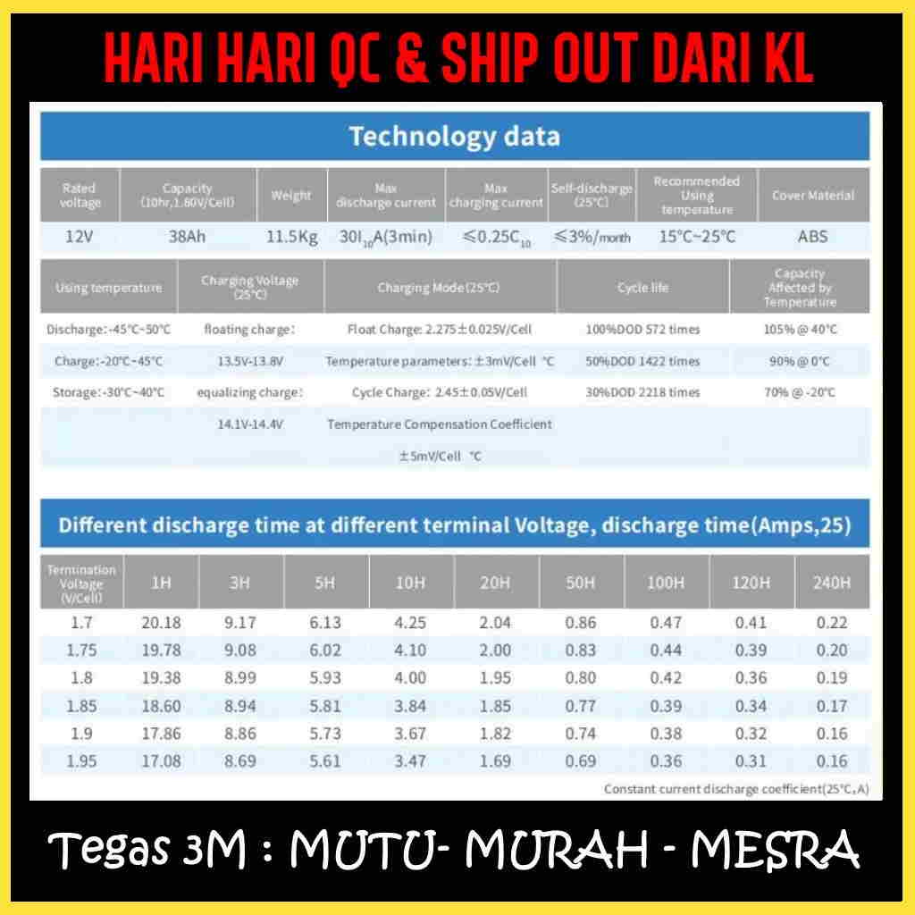 [Tegas] 12V38AH SOLAR GEL VALVE-REGULATED SEALED DEEP CYCLE BATTERY MODEL 6-CNJ-38 | Shopee Malaysia