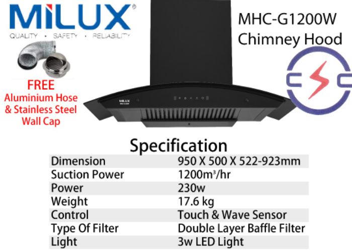 [AUTHORISED DEALER] MILUX MHC-G1200W MATT BLACK CHIMNEY HOOD & Milux ...
