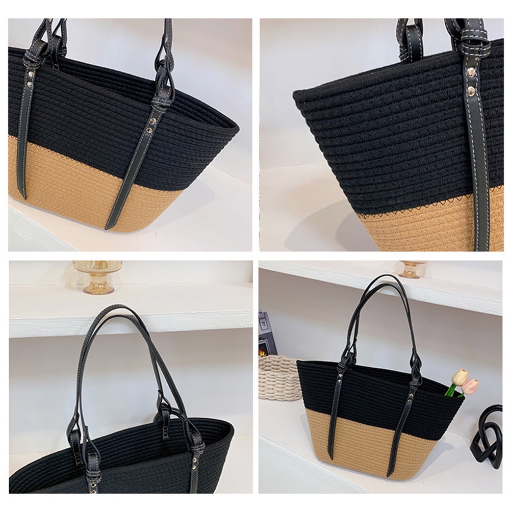 CK Women Straw Tote Bag Large Leather Strap Handmade Shoulder Casual ...