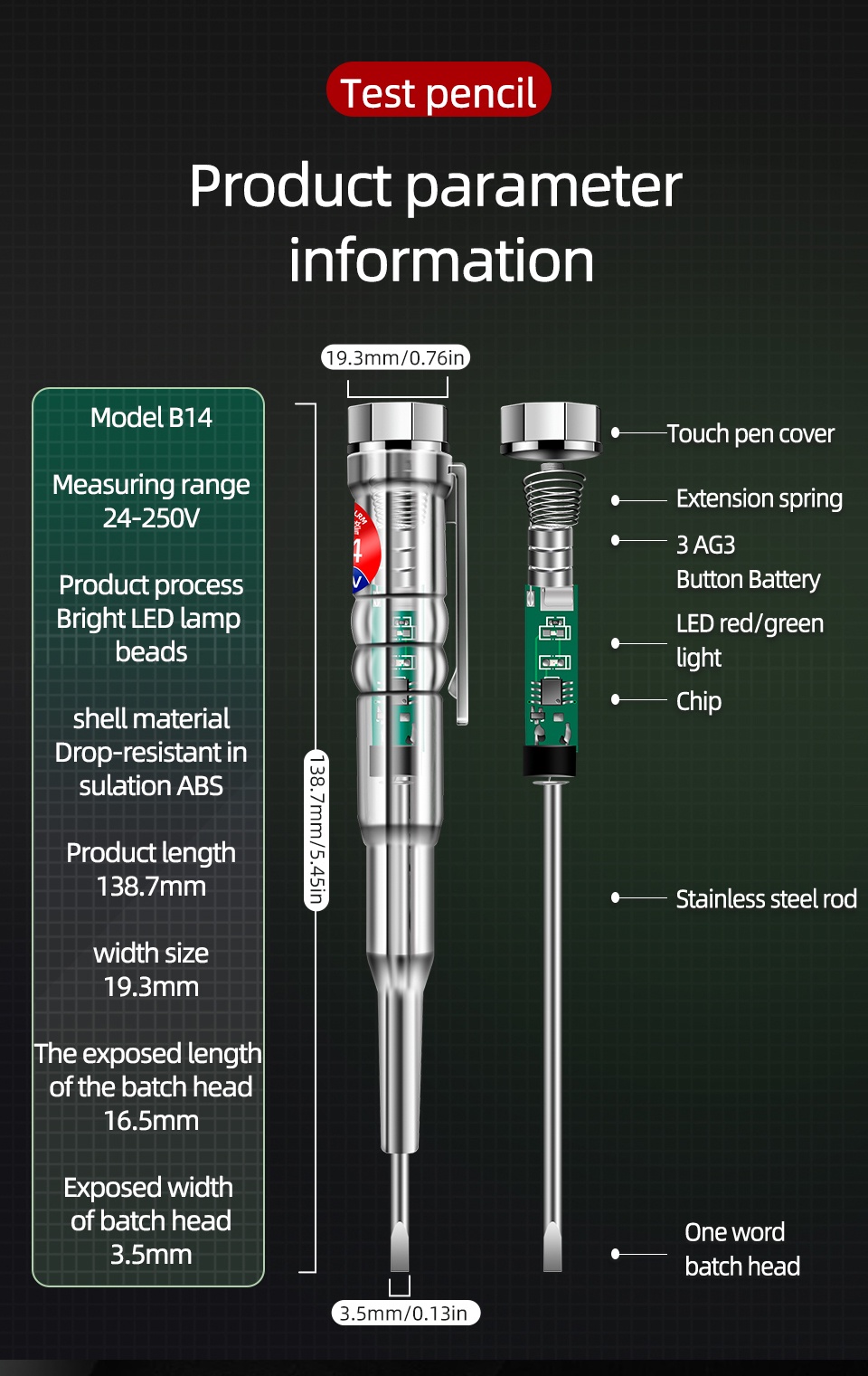 ANENG B14 24-250V Tester Electric Induced Electric Screwdriver Probe ...
