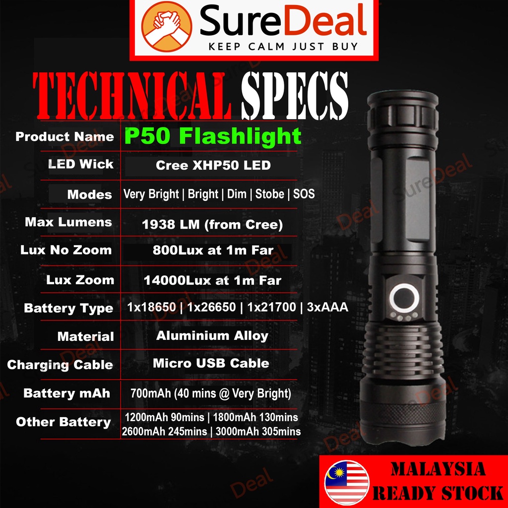 SUREDEAL P50 Rechargeable Flashlight XHP50 Cree LED Super Bright Zoom ...