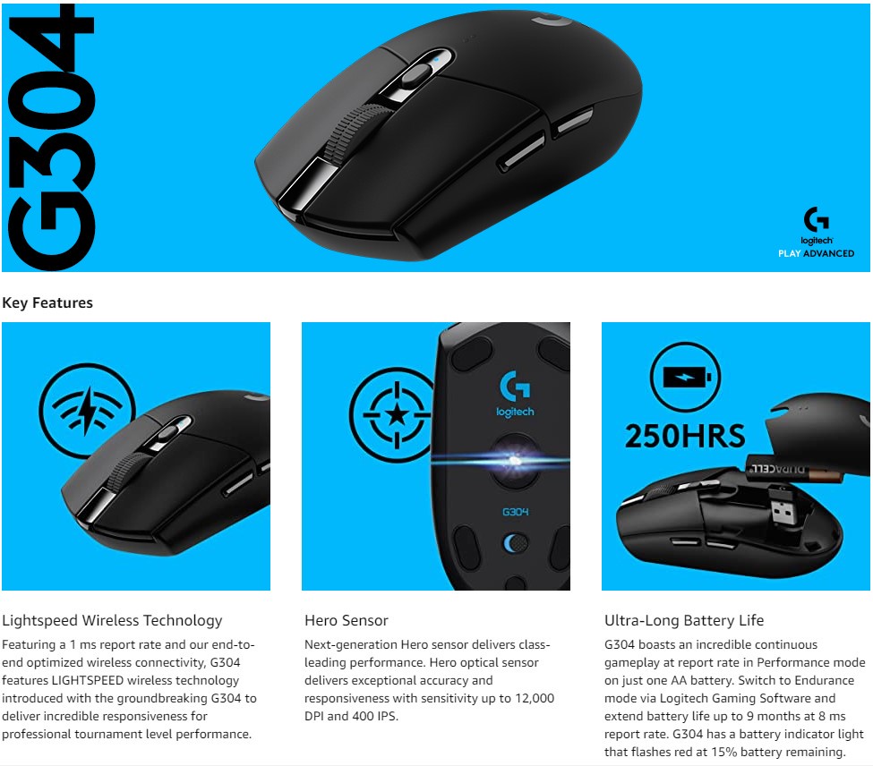 Logitech G304 Lightspeed Wireless Gaming Mouse - 12,000 DPI / 6 Buttons ...