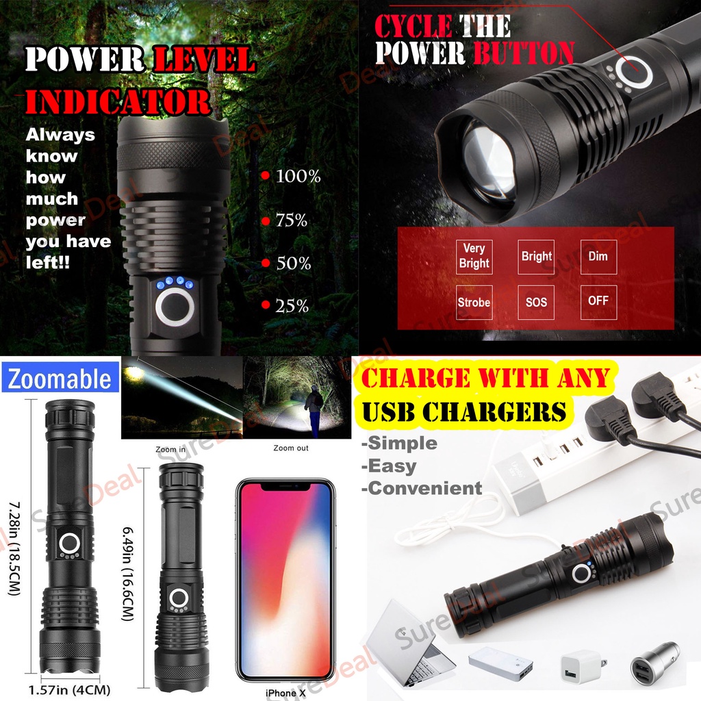 SUREDEAL P50 Rechargeable Flashlight XHP50 Cree LED Super Bright Zoom ...