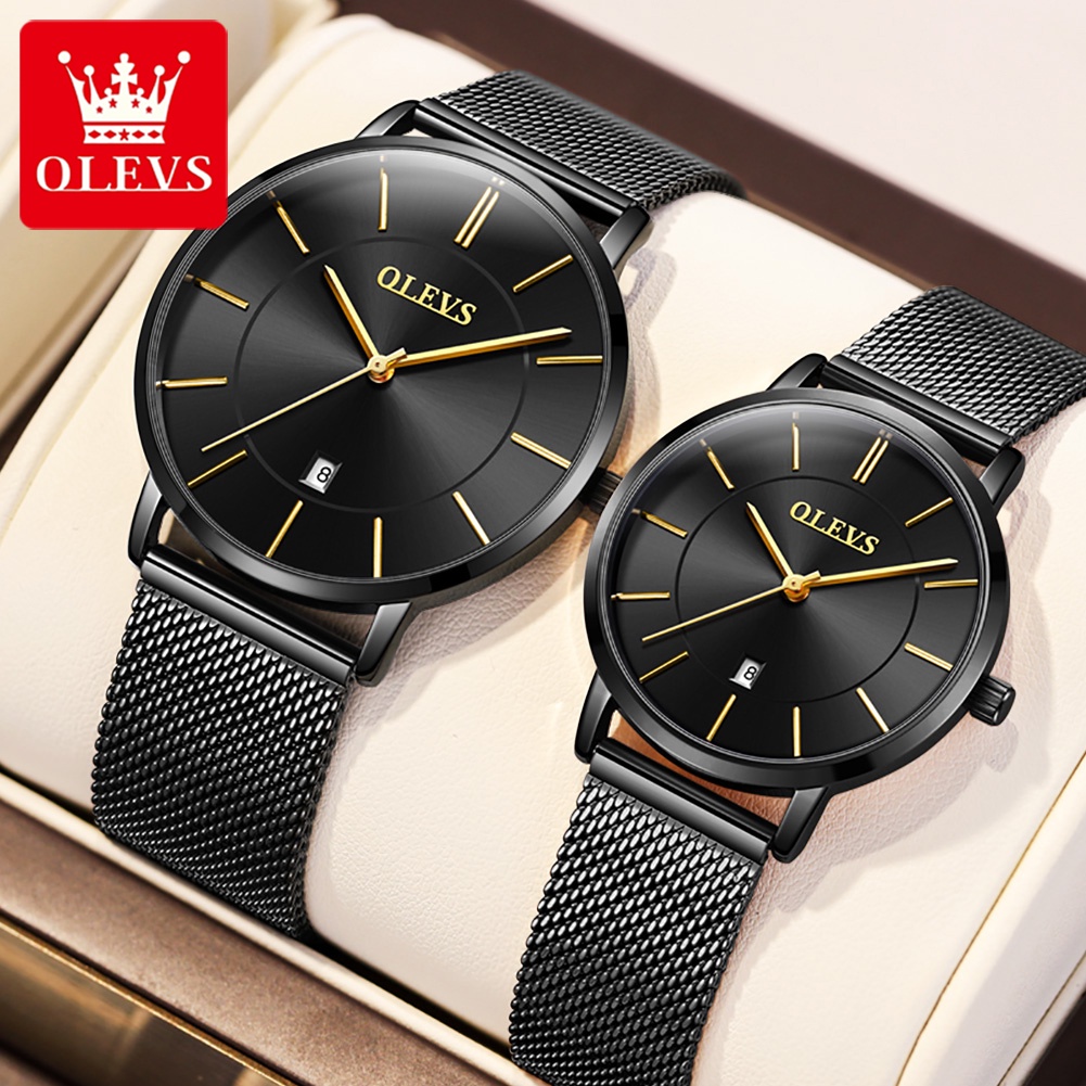 OLEVS Jam Tangan Couple Set Original Ultra Thin Mesh Steel Date Watches ...