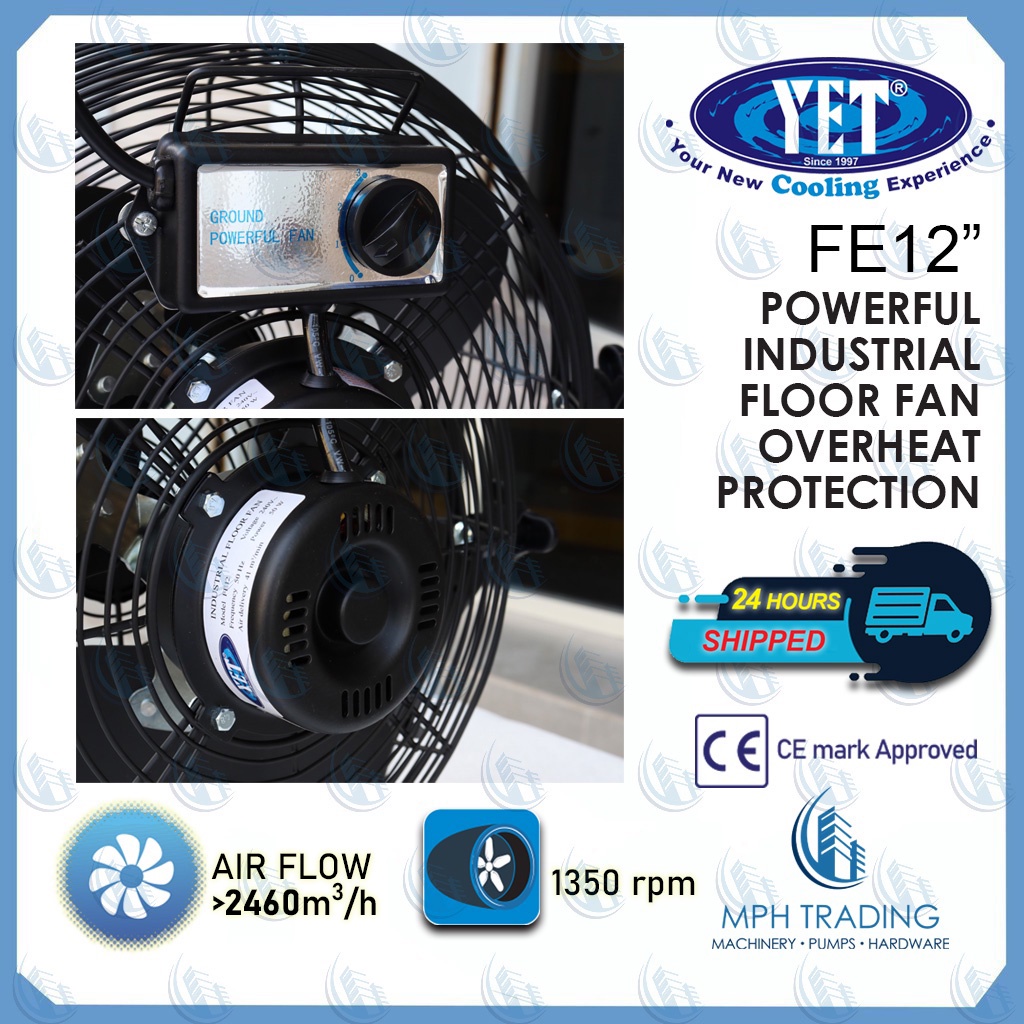 YET FE12 Auto Swing Heavy Duty 12 Inch Powerful Industrial Floor Fan ...