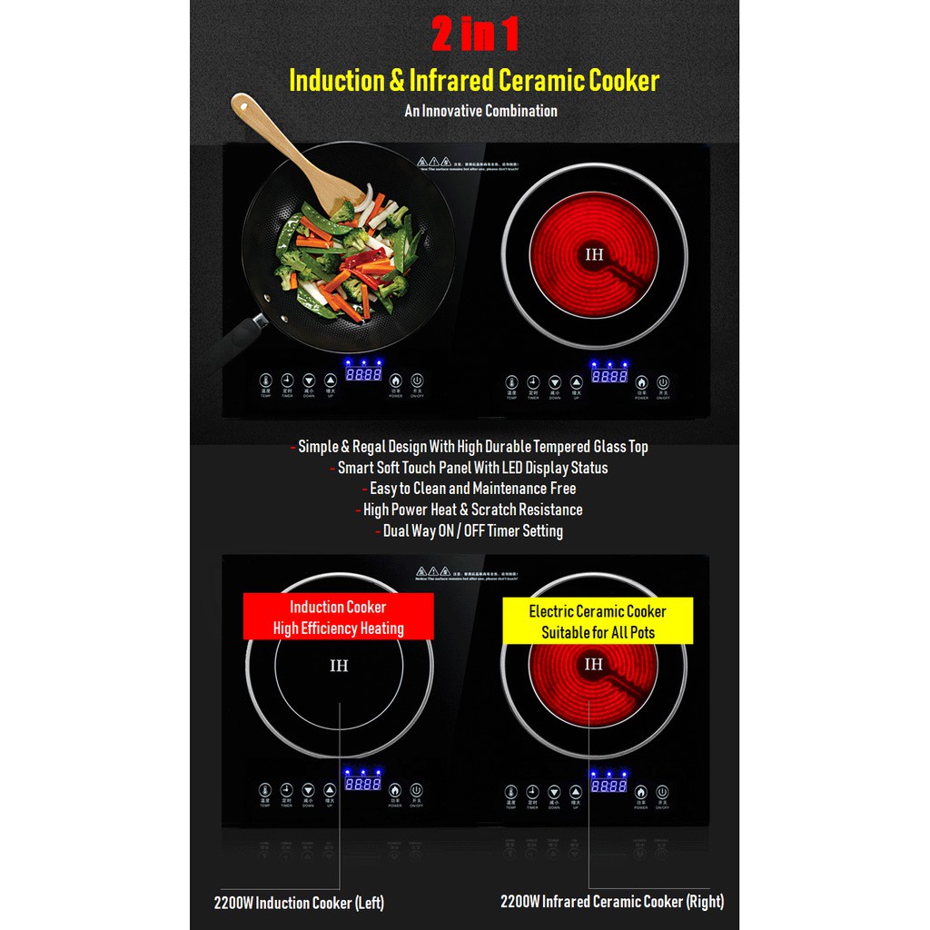 Premium 2 in 1 Dual Electric Induction & Infrared Ceramic Hob Cooker ...
