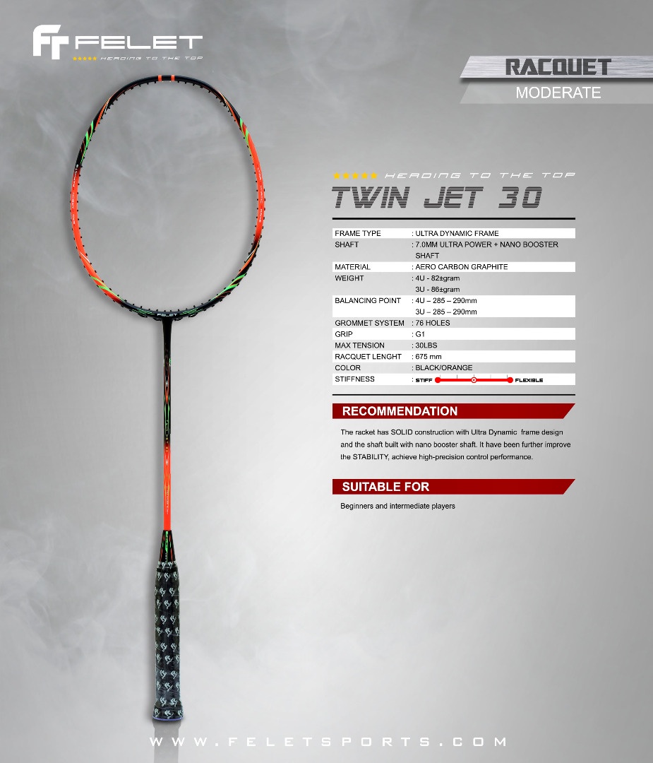 Felet Twin Jet 4u 82gram Max-35Lbs Racket Badminton Racket Raket ...