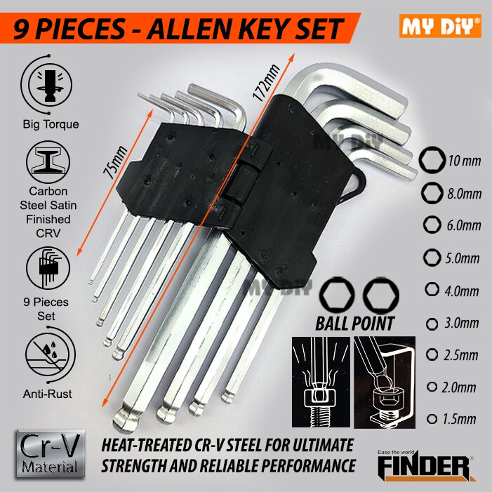 FINDER CRV 9PCS ALLEN KEY BALL POINT ALLEN KEY TORX STAR HEX ALLEN KEY ...