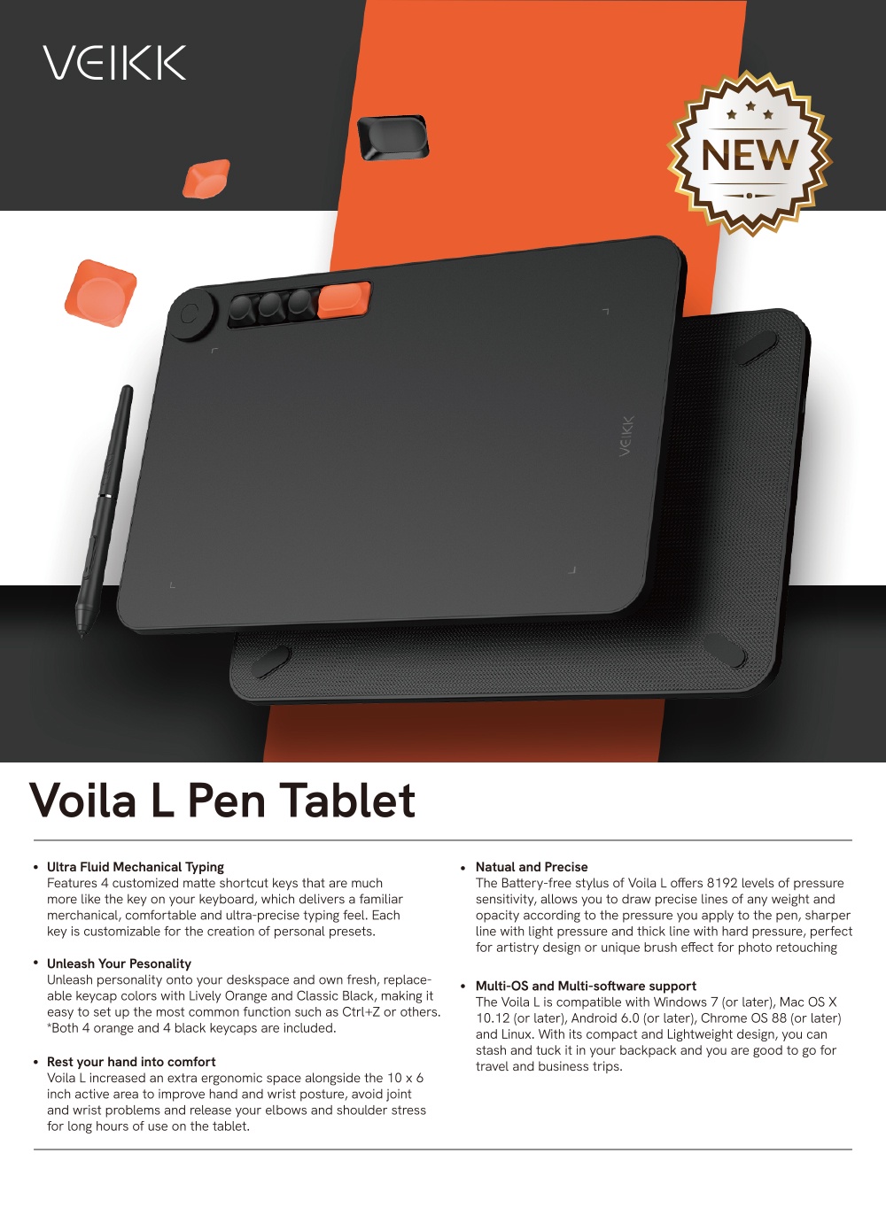 Veikk Pen Tablet Voila L Drawing tablet 10x6 inch with Battery Free Pen ...