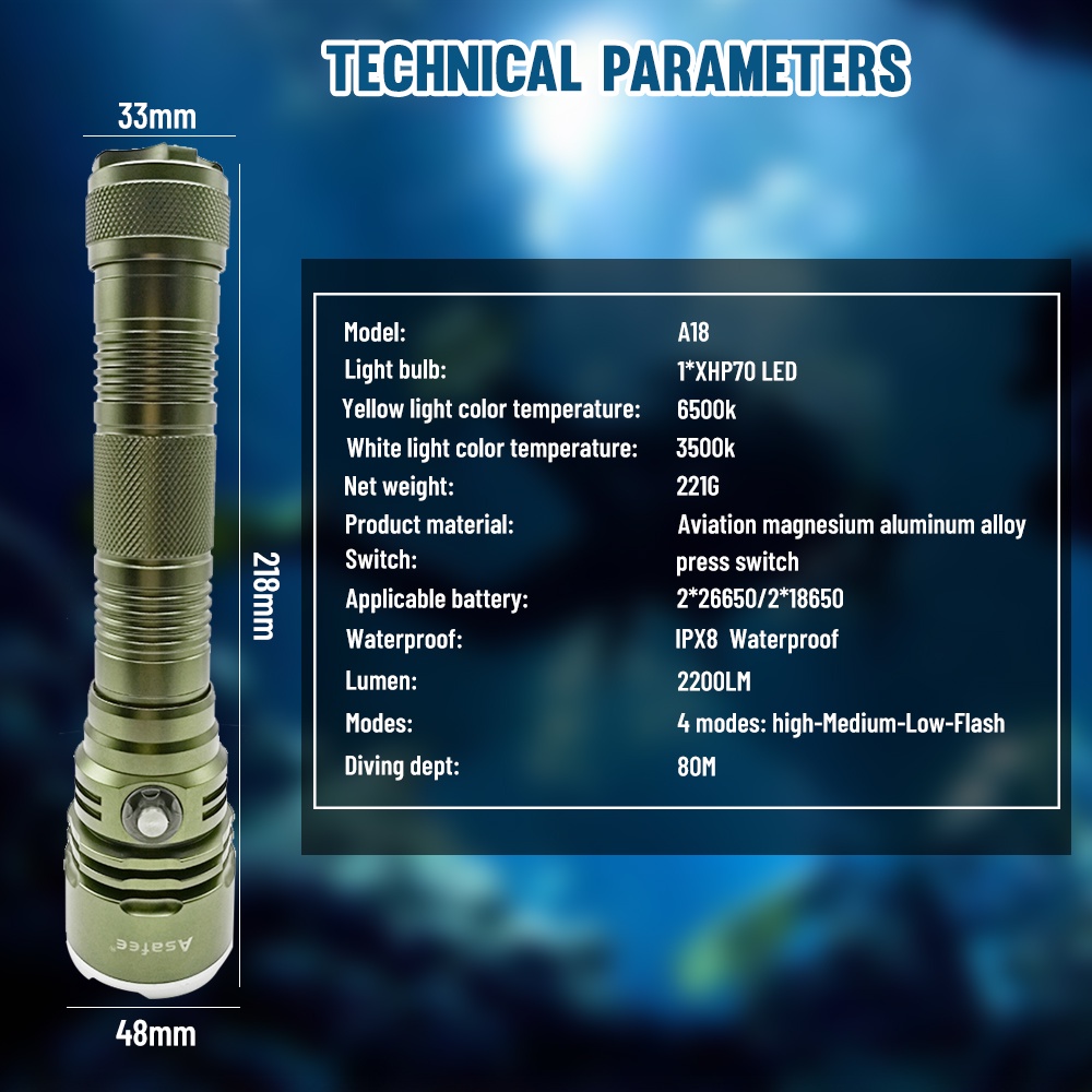 Asafee 2200LM A18 XHP70 LED Ultra powerful light diving flashlight ...