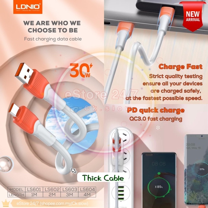 LDNIO LS601 LS602 LS603 LS604 30W Fast Charging Tough USB 3.0 Data Cable Type C Micro L Thick ...