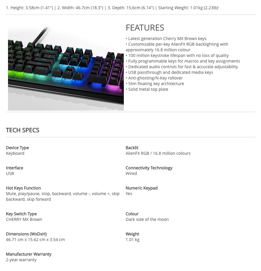 Alienware AW410K AilenFX Cherry MX Brown RGB Mechanical Gaming Keyboard ...