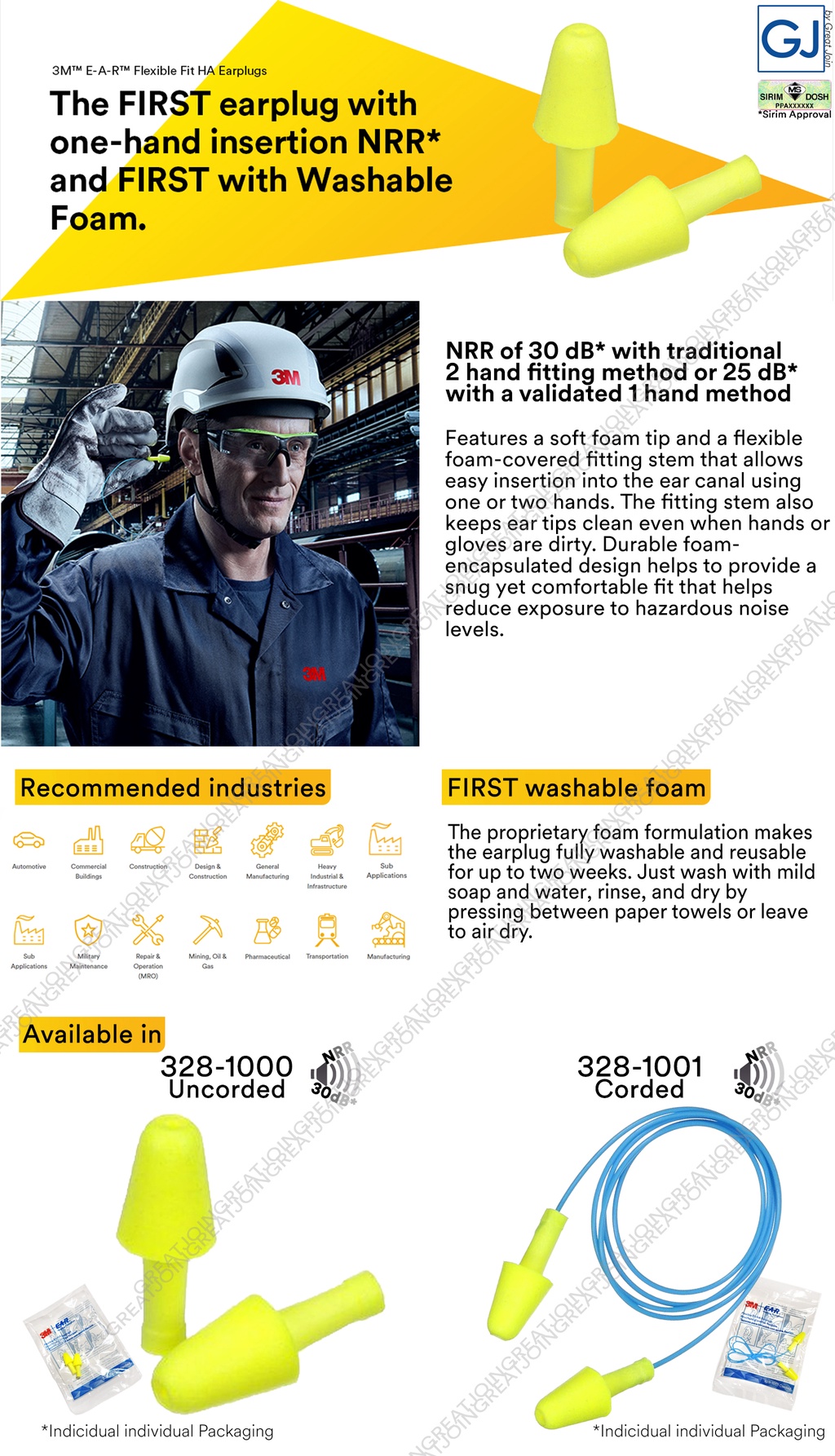 3M E-A-R Flexible Fit Earplug 328-1000 & 328-1001/ NRR 30 dB*/ Washable ...