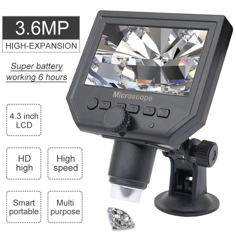 600x 3.6MP Digital Microscope Aluminum Alloy Stand 4.3 Inches HD LCD ...