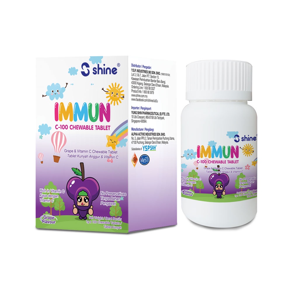 Shine Immun C-100 Vitamin C Chewable Tablets Grape & Orange Flavour 1g ...