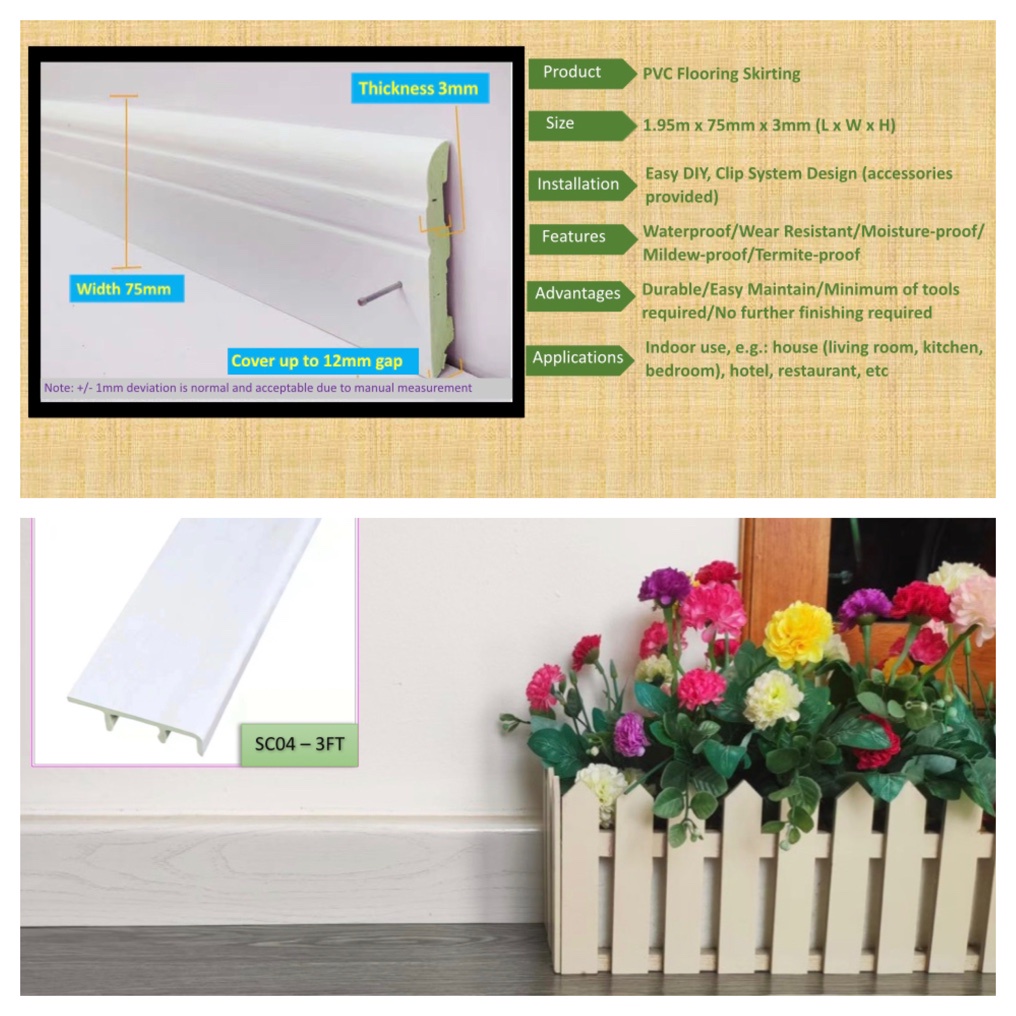 AMZ DIY PVC Wall Skirting 1.95M Length Indoor Decoration Floor Wall ...