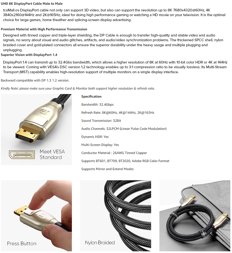 Geiber Display Port V1.4 to DP CABLE Displayport 165Hz 144Hz 120Hz UHD ...