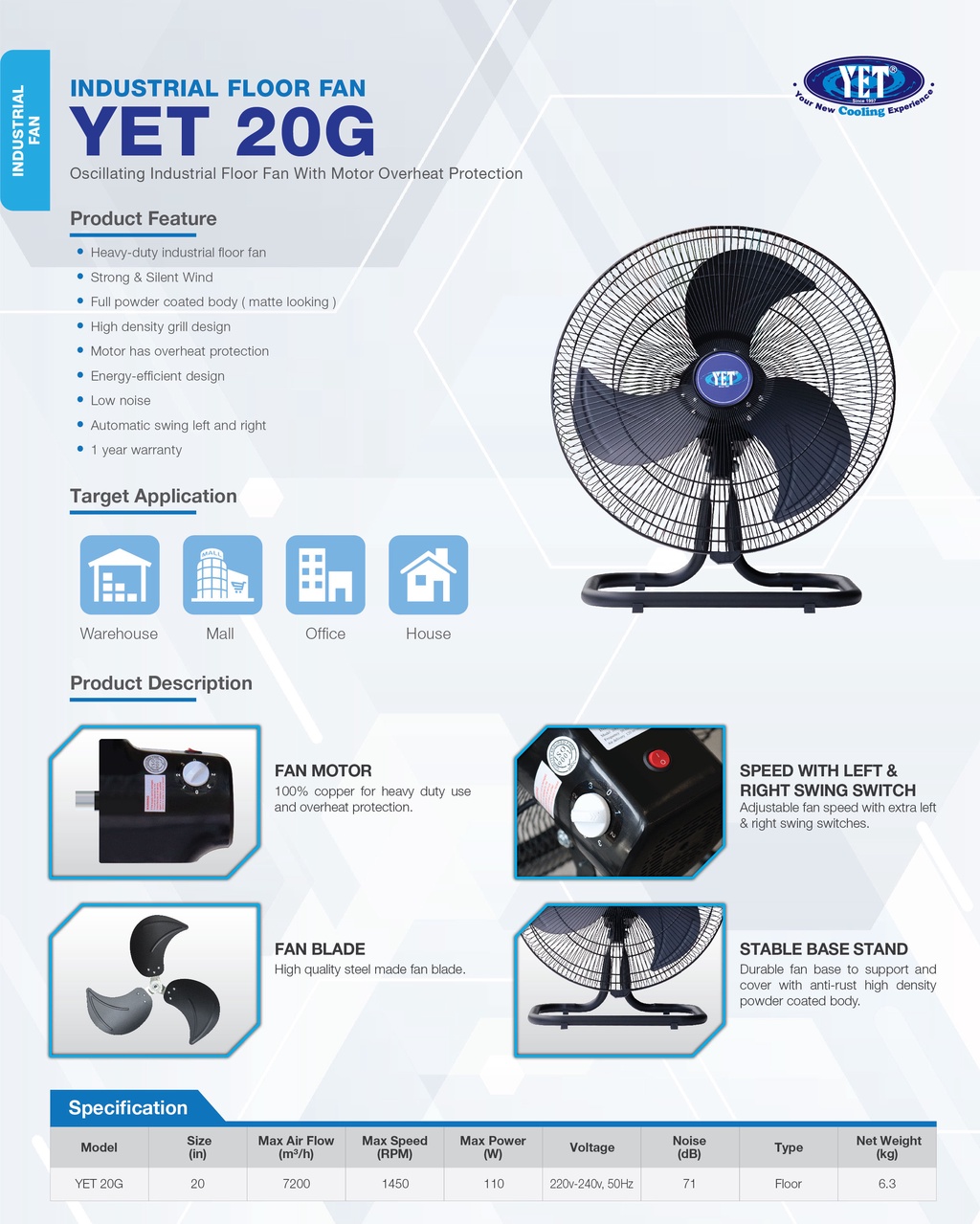 YET 20G Industrial Floor Fan Oscillating Industrial Floor Fan (Motor ...