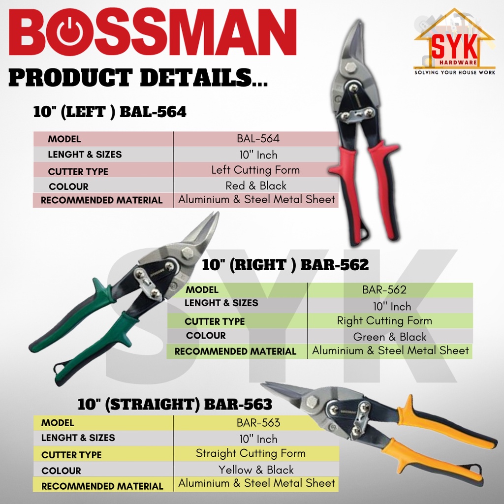 SYK BOSSMAN 10Inch BAL-564 Left BAR-562 Right BAS-563 Straight Aviation ...