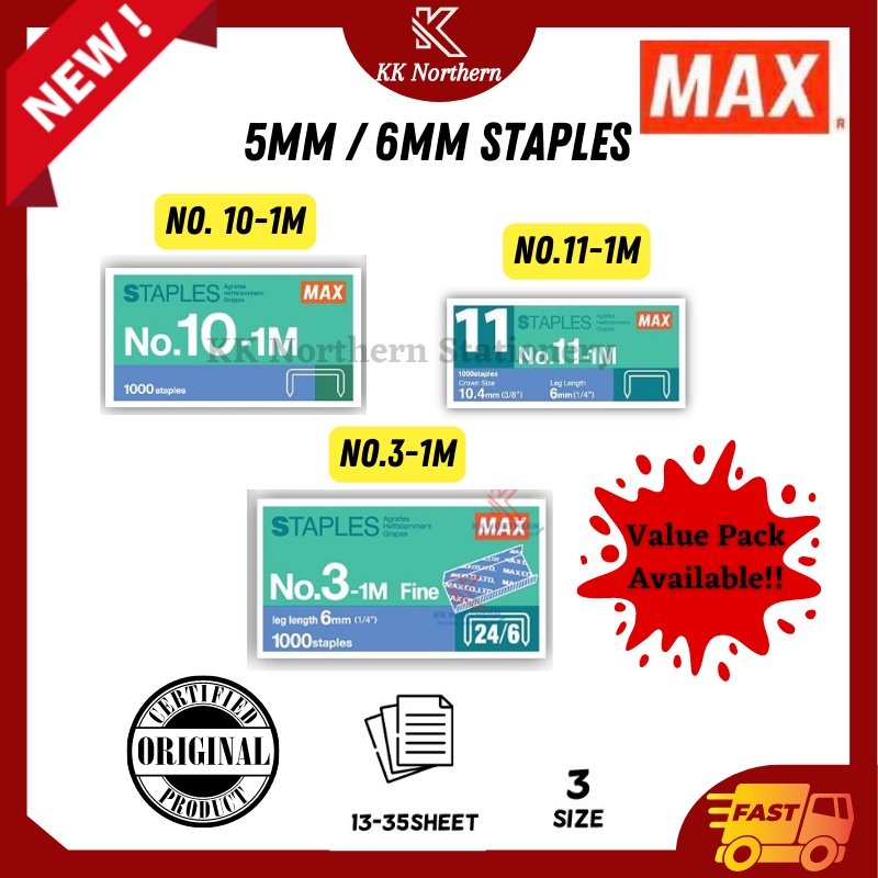 (1 Box) Max Staples No.10-1M/No.3-1M/No.11-1M - 1000 Staples Ubat ...