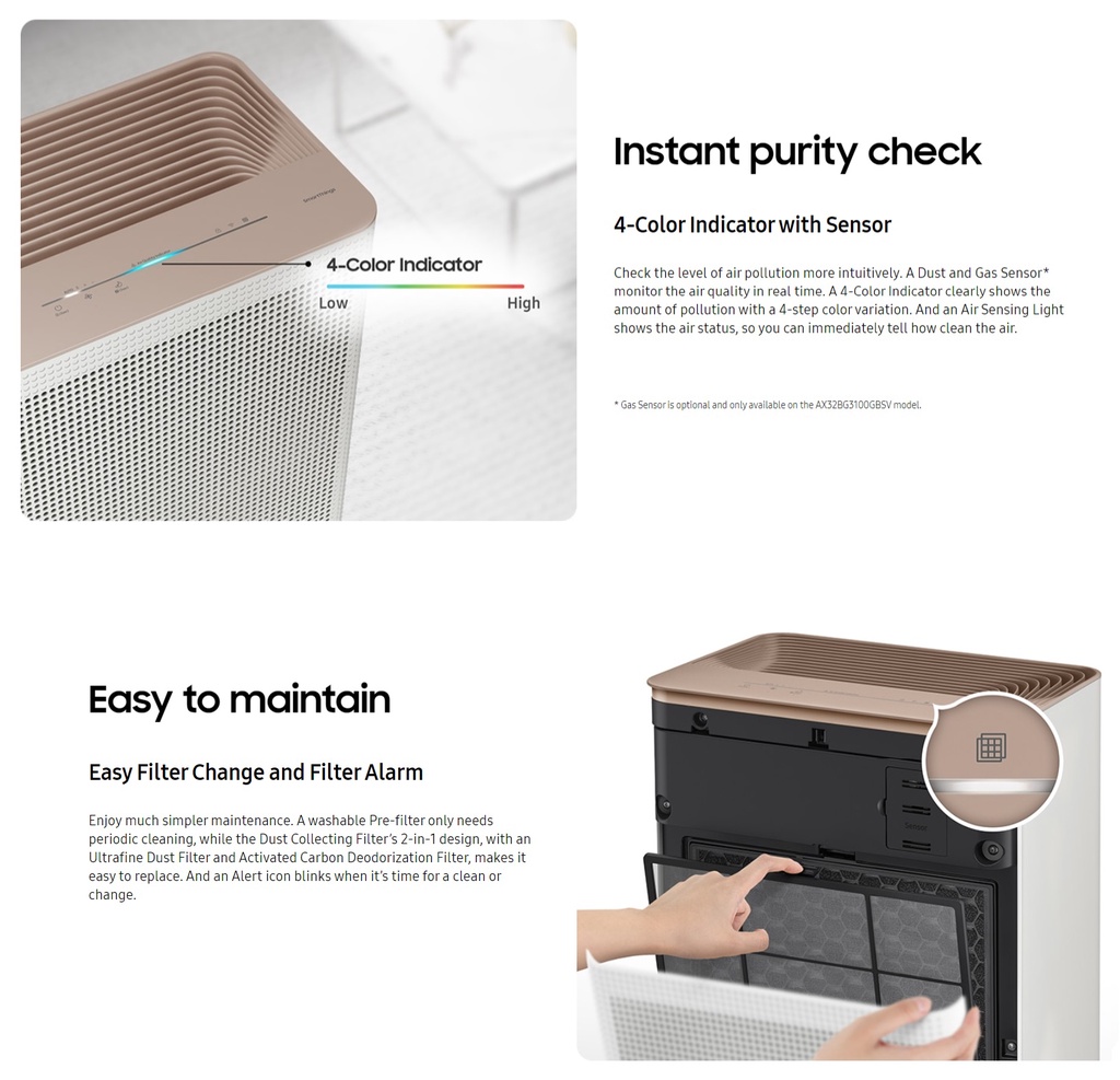 Samsung (40m²/51 dBA) Smart Air Purifier AX3100 | AX32BG3100GB/ME (Air ...