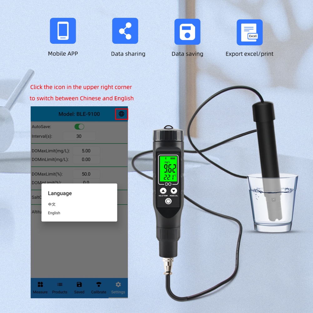 YAGO Smart Bluetooth Dissolved Oxygen Meter Digital Dissolved Oxygen Analyzer 0.0-40.0mg/L 0.0 ...