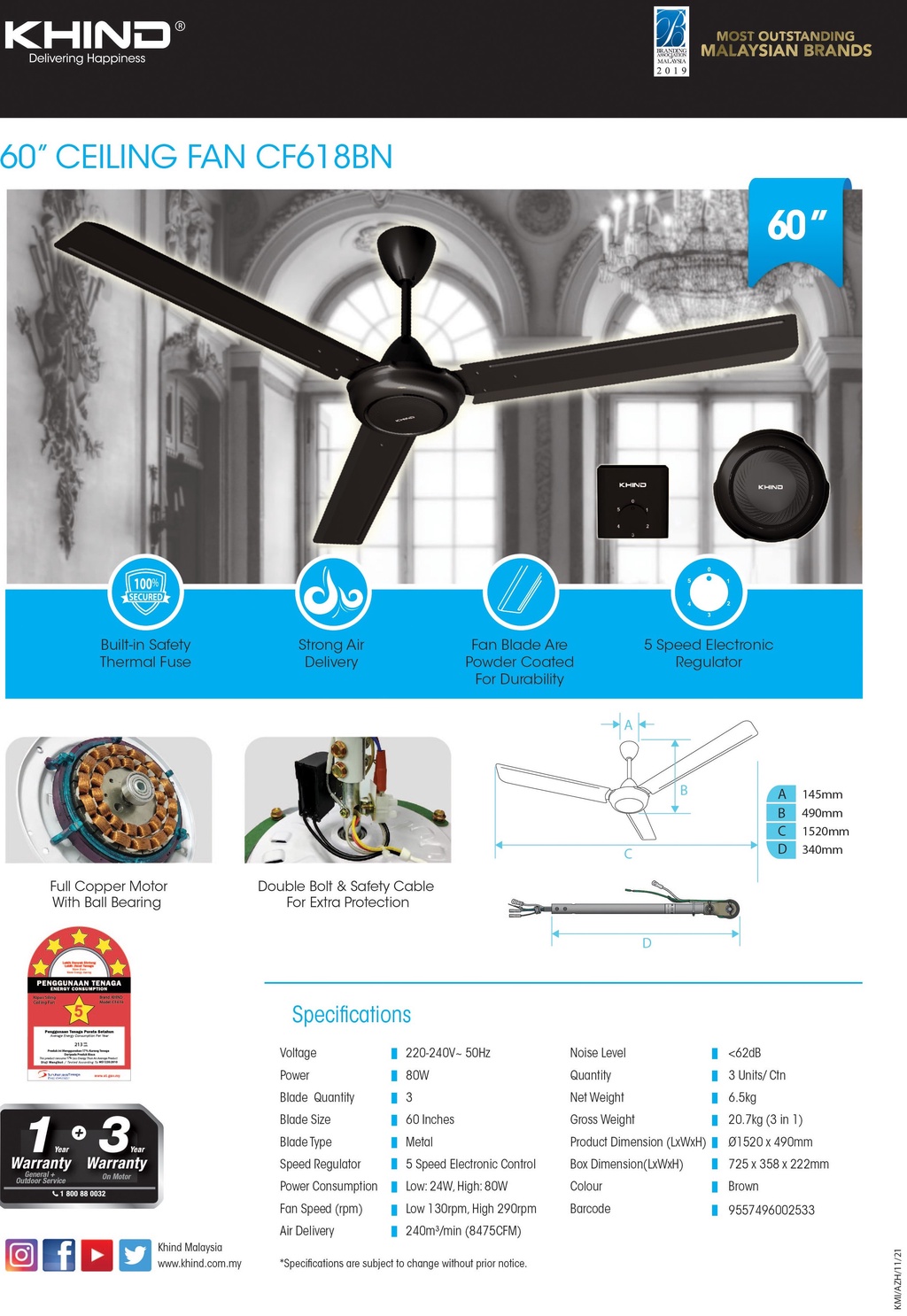 Khind CF618 / CF618B / CF618BN 60'' Regulator Ceiling Fan Kipas Siling ...