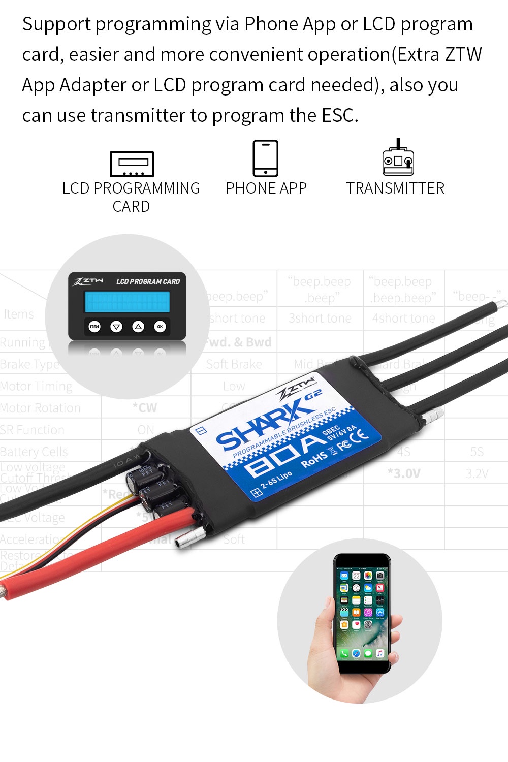 ZTW 32-Bit ESC Shark G2 20A/30A/40A/50A/60A/80A/100A 2-6S SBEC 5V/6V 8A ...