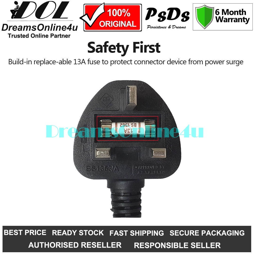 PsDs 1.5m UK 3-Pin Plug 13A Fuse Protection BSI Certified Clover Leaf ...