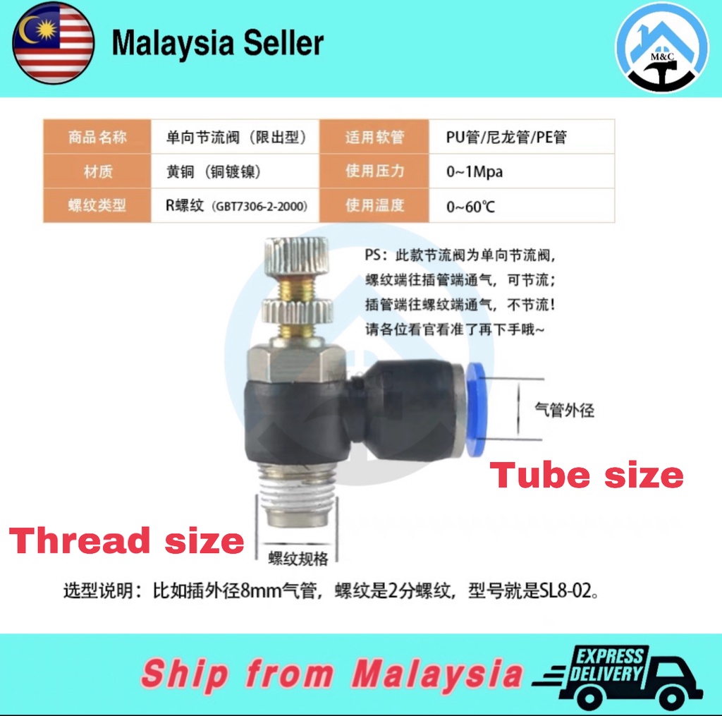 SL Pneumatic Flow Control Elbow Type Air Fitting Speed Controller (SL04,06,08,10,12 - M5,1/8",1/ ...