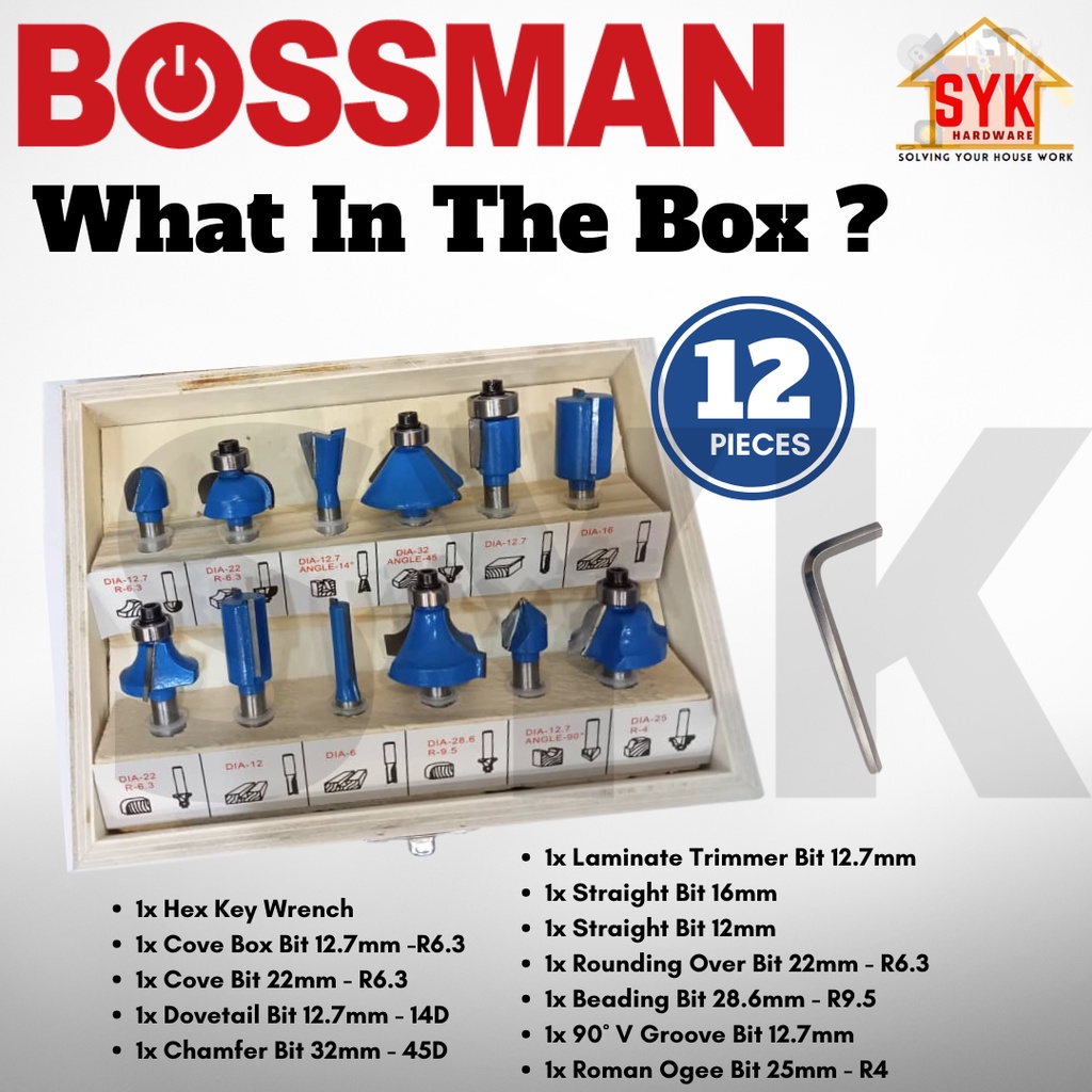 SYK Bossman BRB612 6.35mm 1/4 Shank 12Pcs High Quality Router Bits Set ...