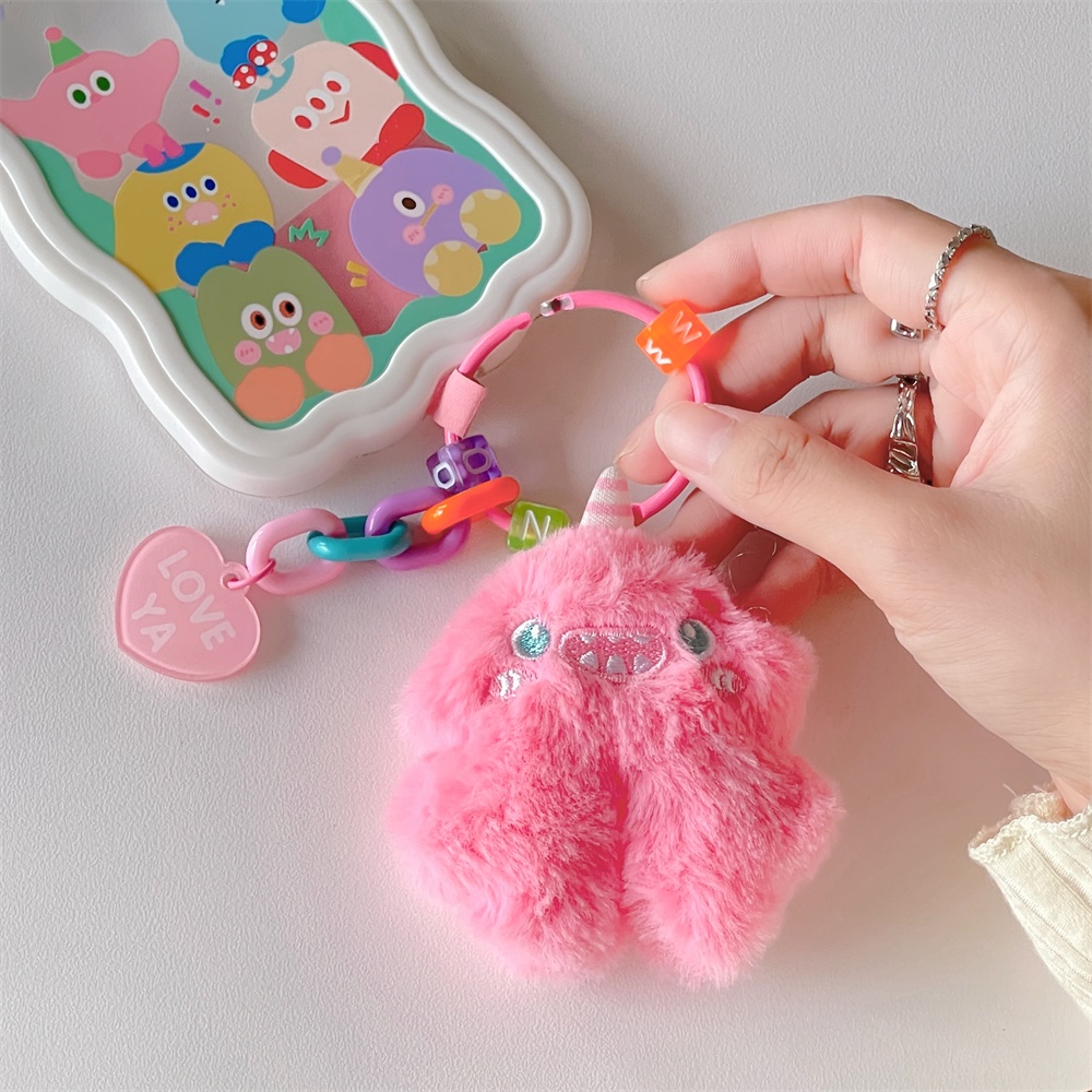 Korea Cute Cartoon Fuzzy Plush Monster Phone Key Chain Beaded Keychain ...