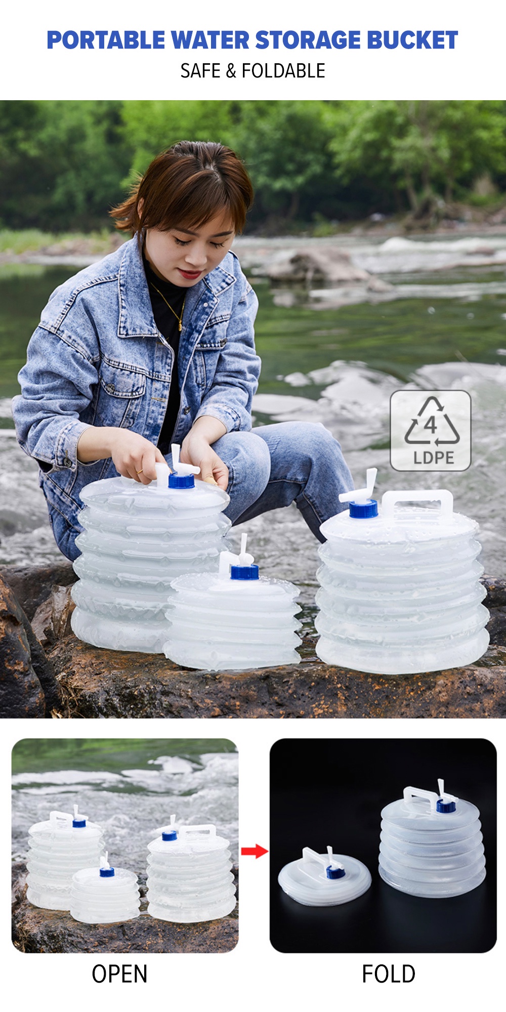 QB STJE43131 Collapsible Water Container (3L/5L/10L/15L) Outdoor Hiking Foldable Water Bag ...