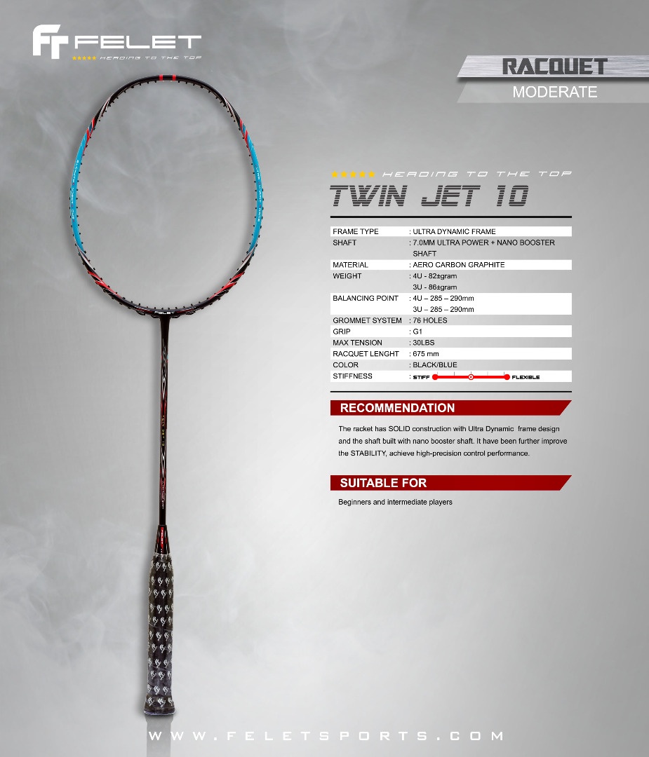 Felet Twin Jet 4u 82gram Max-35Lbs Racket Badminton Racket Raket ...